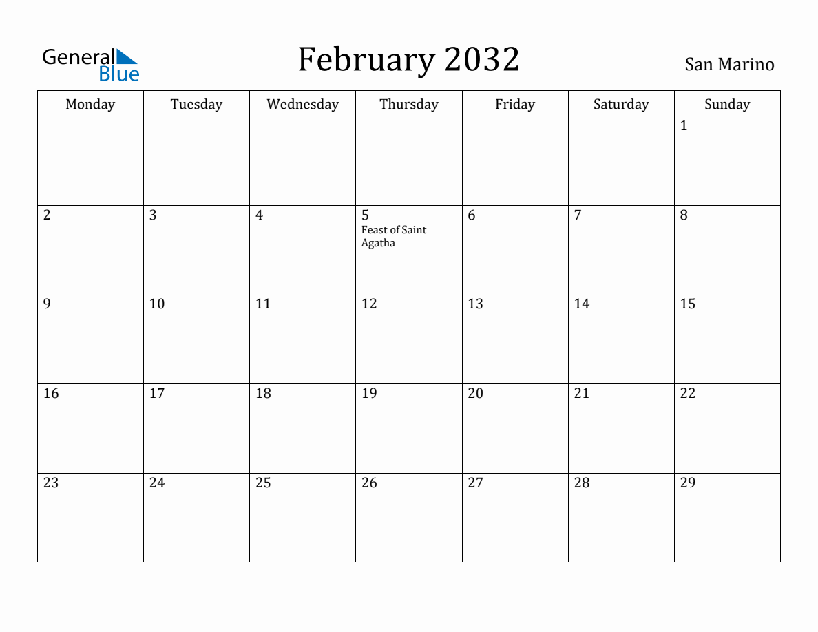 San Marino Monthly Calendar - February 2032 (Monday Start)