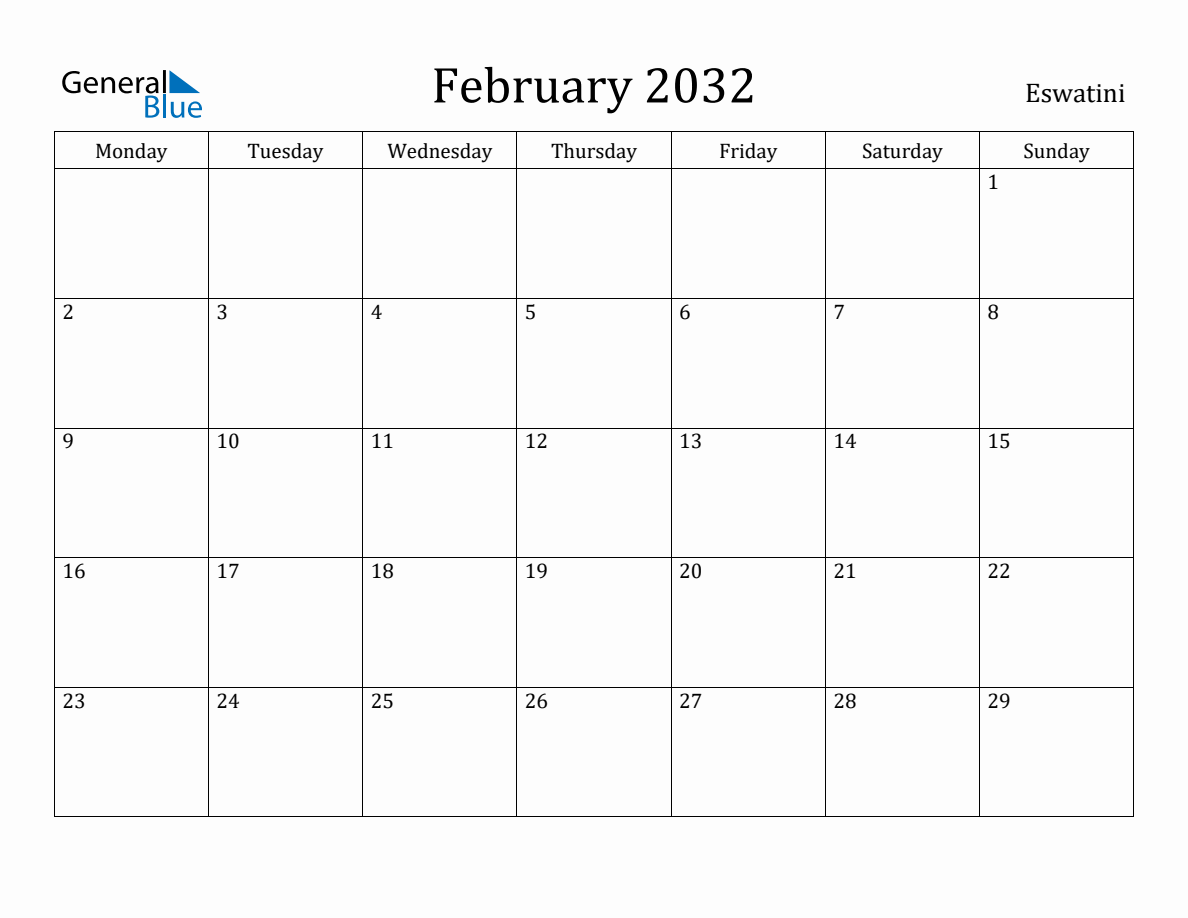 Eswatini Monthly Calendar - February 2032 (Monday Start)