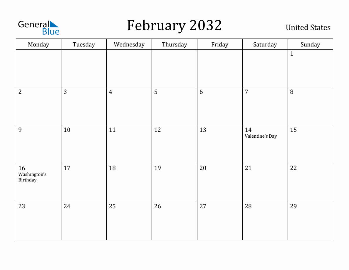 February 2032 - United States Monthly Calendar with Holidays