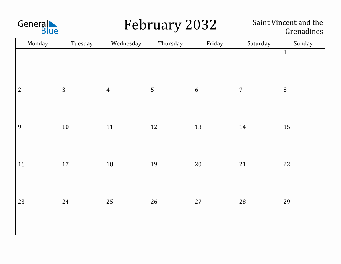 February 2032 Monthly Calendar with Saint Vincent and the Grenadines ...