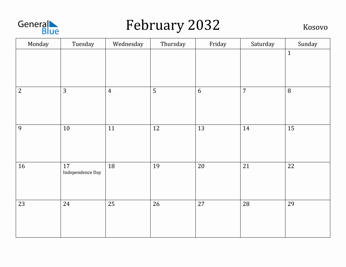 Kosovo Monthly Calendar - February 2032 (Monday Start)