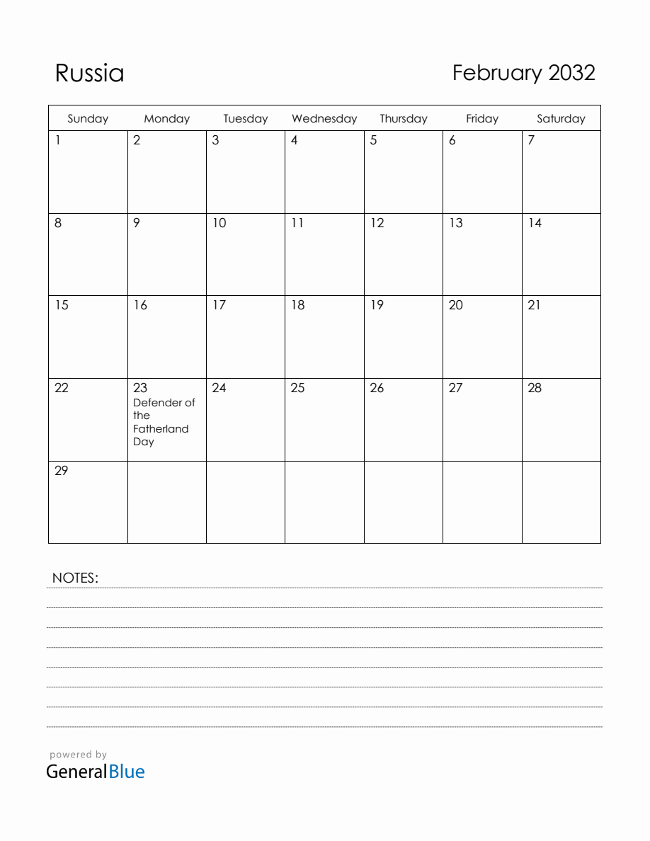 February 2032 Russia Calendar with Holidays