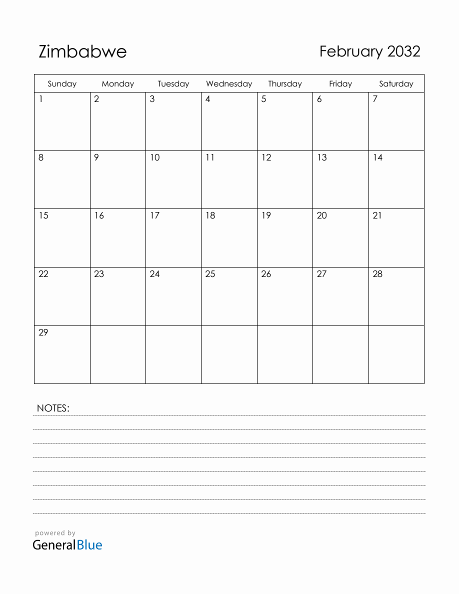 February 2032 Zimbabwe Calendar with Holidays