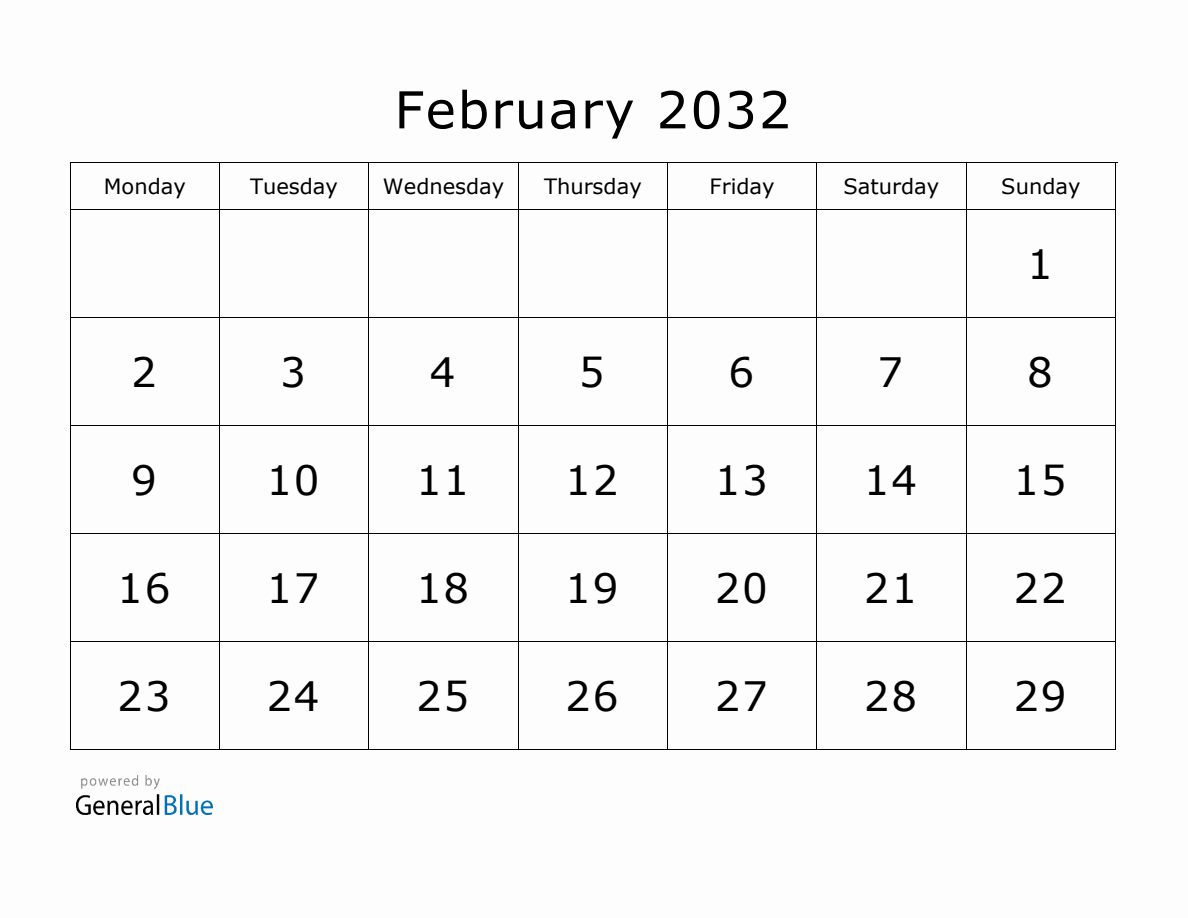 Printable February 2032 Calendar - Monday Start