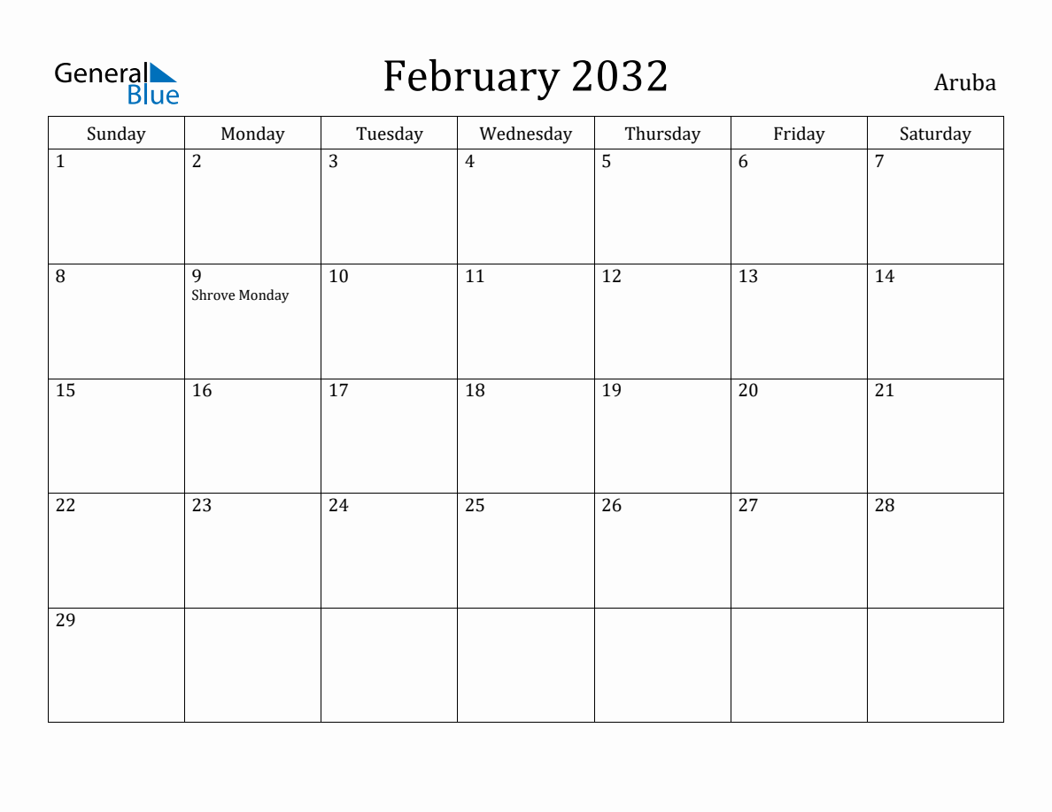 February 2032 Monthly Calendar with Aruba Holidays