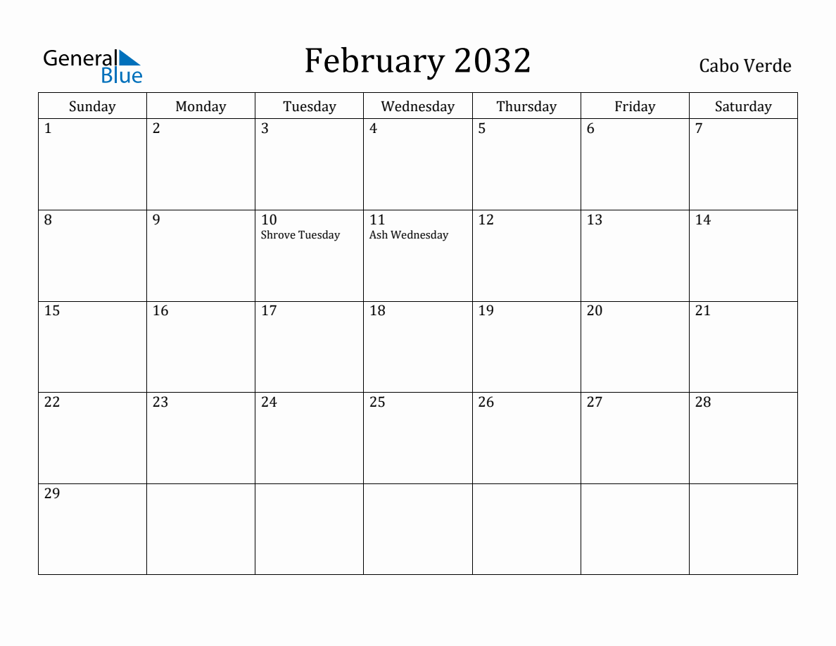 February 2032 Monthly Calendar with Cabo Verde Holidays