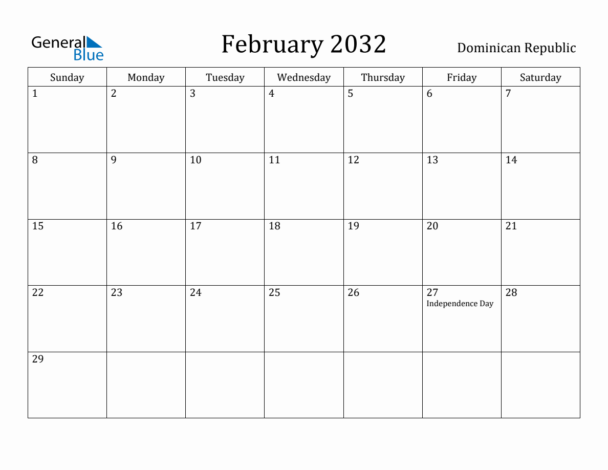 February 2032 Monthly Calendar with Dominican Republic Holidays