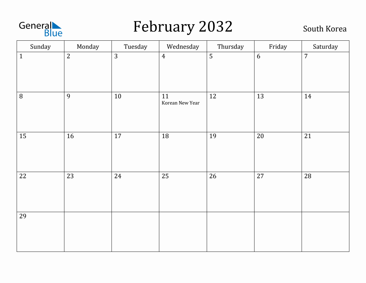 February 2032 Monthly Calendar with South Korea Holidays