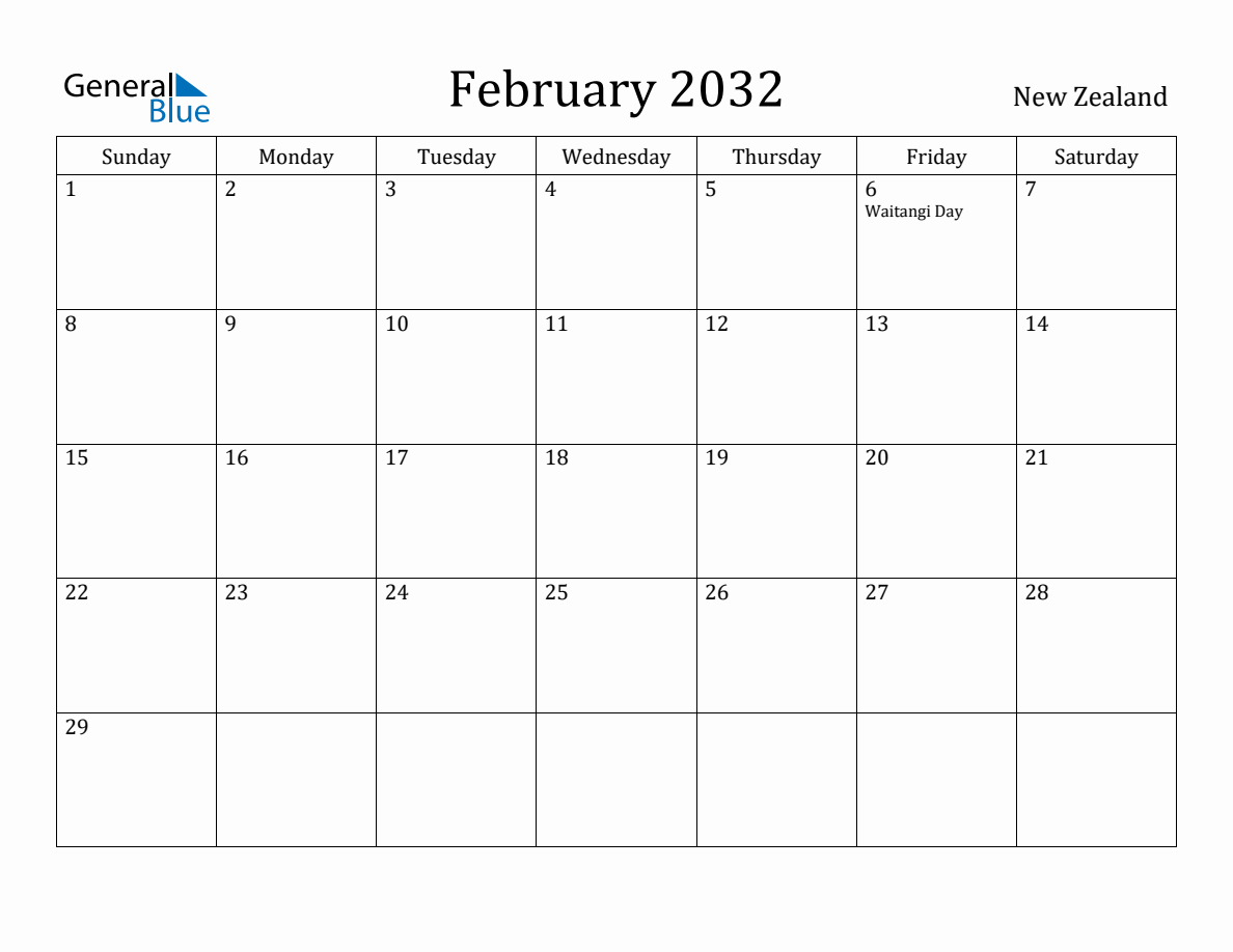 February 2032 Monthly Calendar with New Zealand Holidays