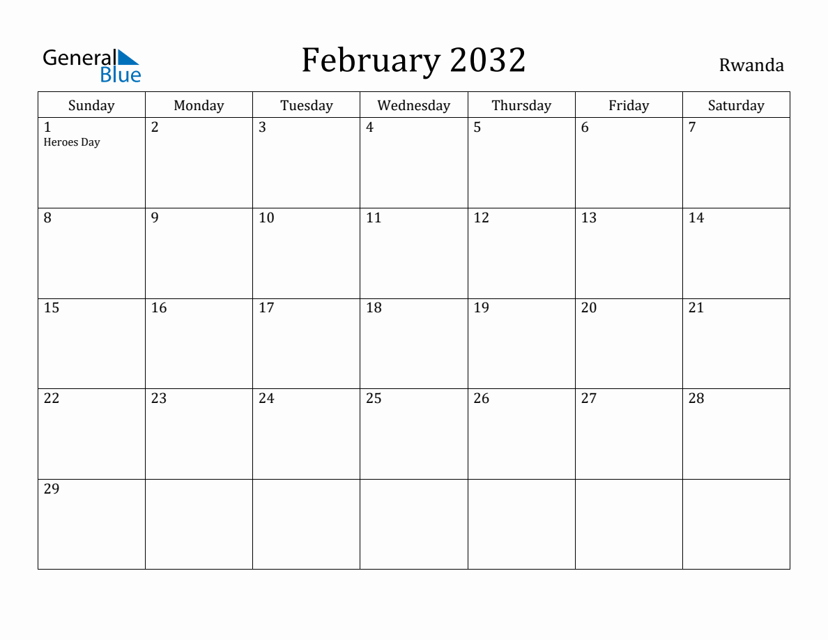 February 2032 Monthly Calendar with Rwanda Holidays
