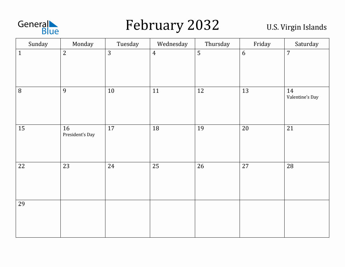 February 2032 Monthly Calendar with U.S. Virgin Islands Holidays