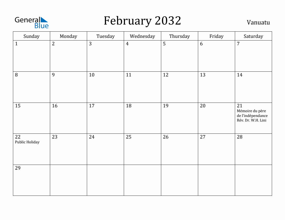 February 2032 Monthly Calendar with Vanuatu Holidays