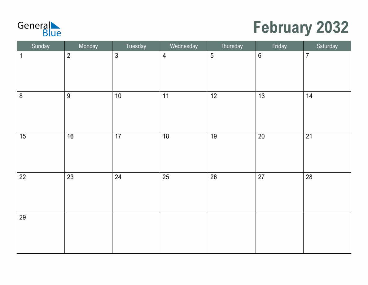 Blank February 2032 Monthly Calendar Template