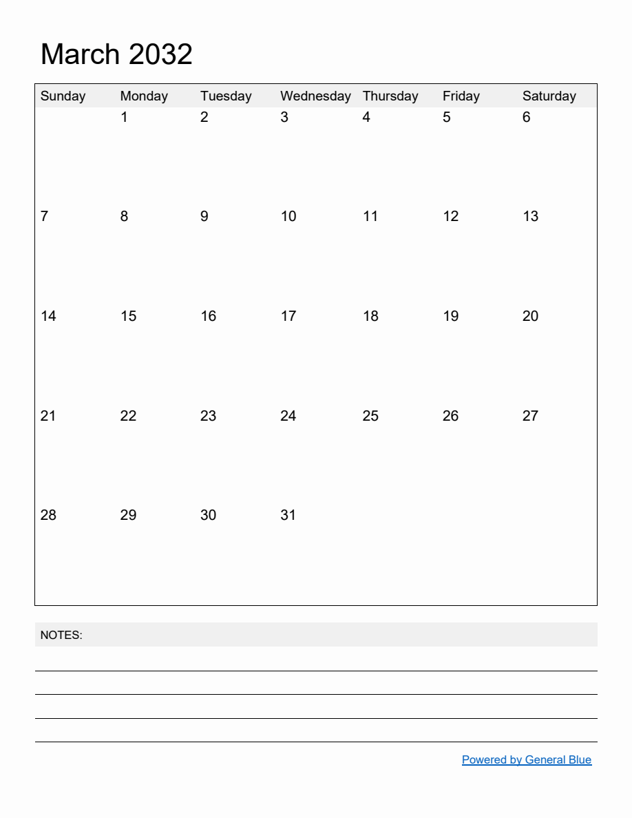 Free Printable Monthly Calendar for March 2032
