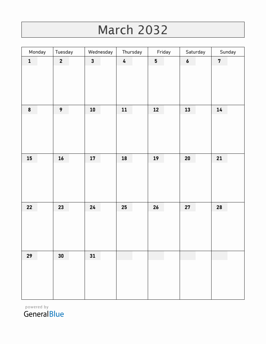 Blank March 2032 Calendar