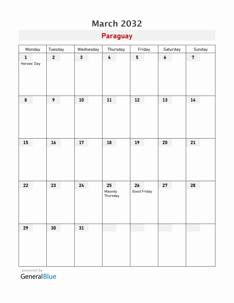 Paraguay March 2032 Calendar with Holidays (Monday Start)