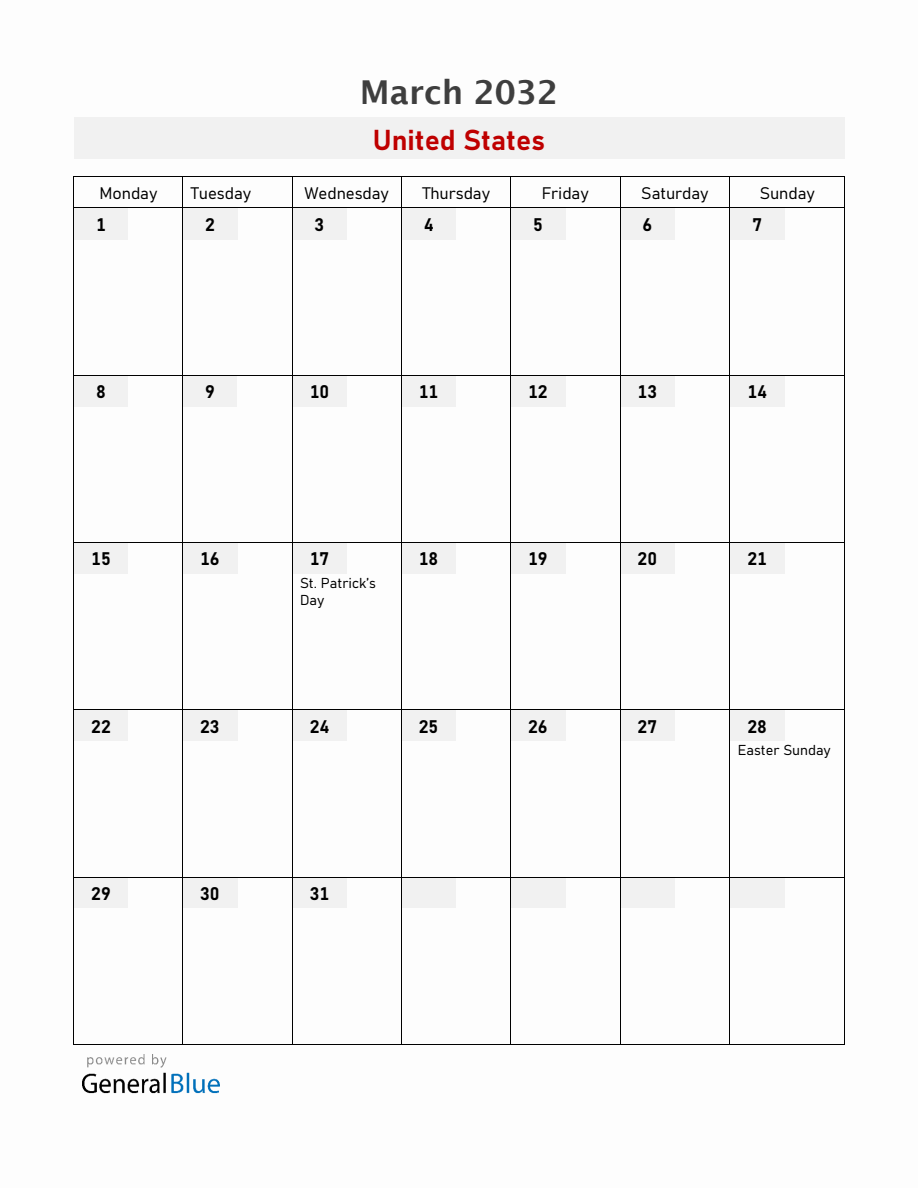 United States March 2032 Calendar with Holidays (Monday Start)