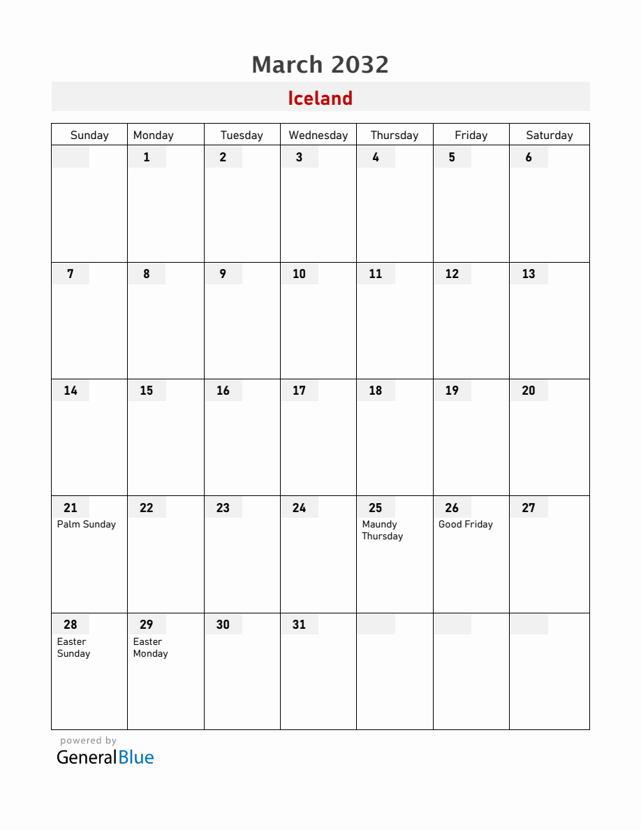 Iceland March 2032 Calendar with Holidays
