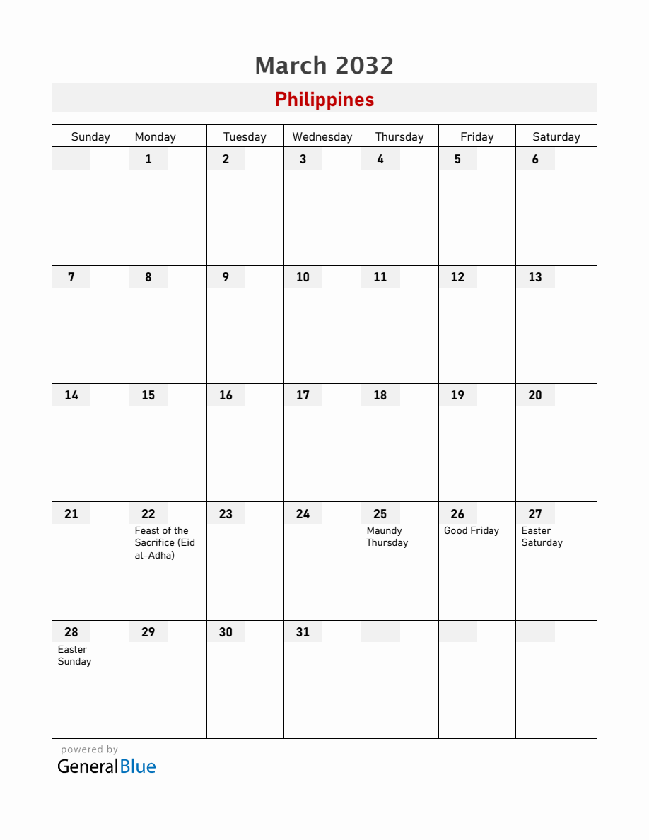 Philippines March 2032 Calendar with Holidays