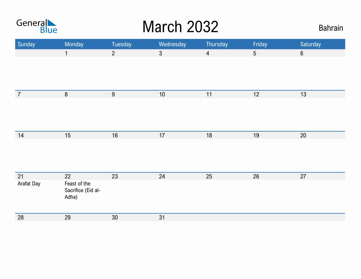 March 2032 Monthly Calendar with Bahrain Holidays