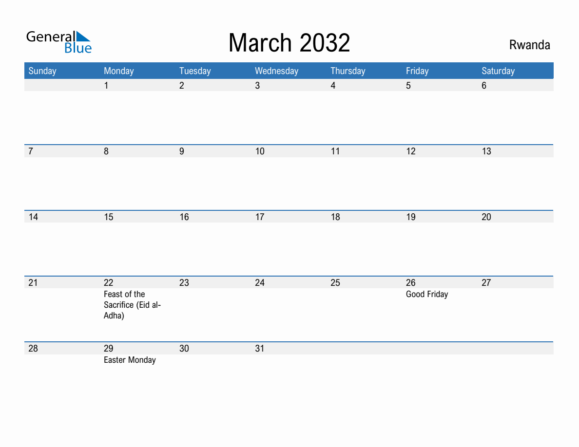 March 2032 Monthly Calendar with Rwanda Holidays