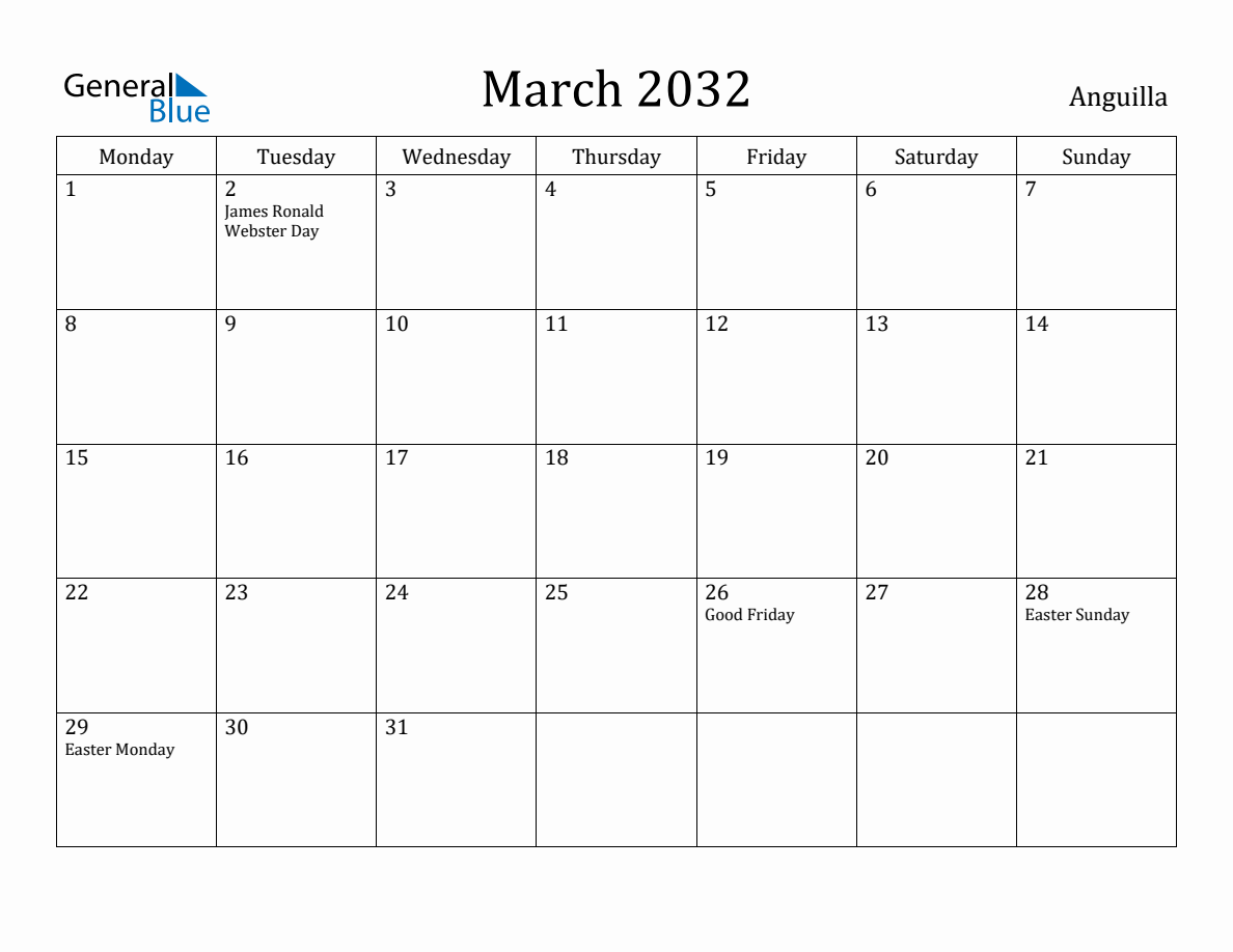 March 2032 - Anguilla Monthly Calendar with Holidays