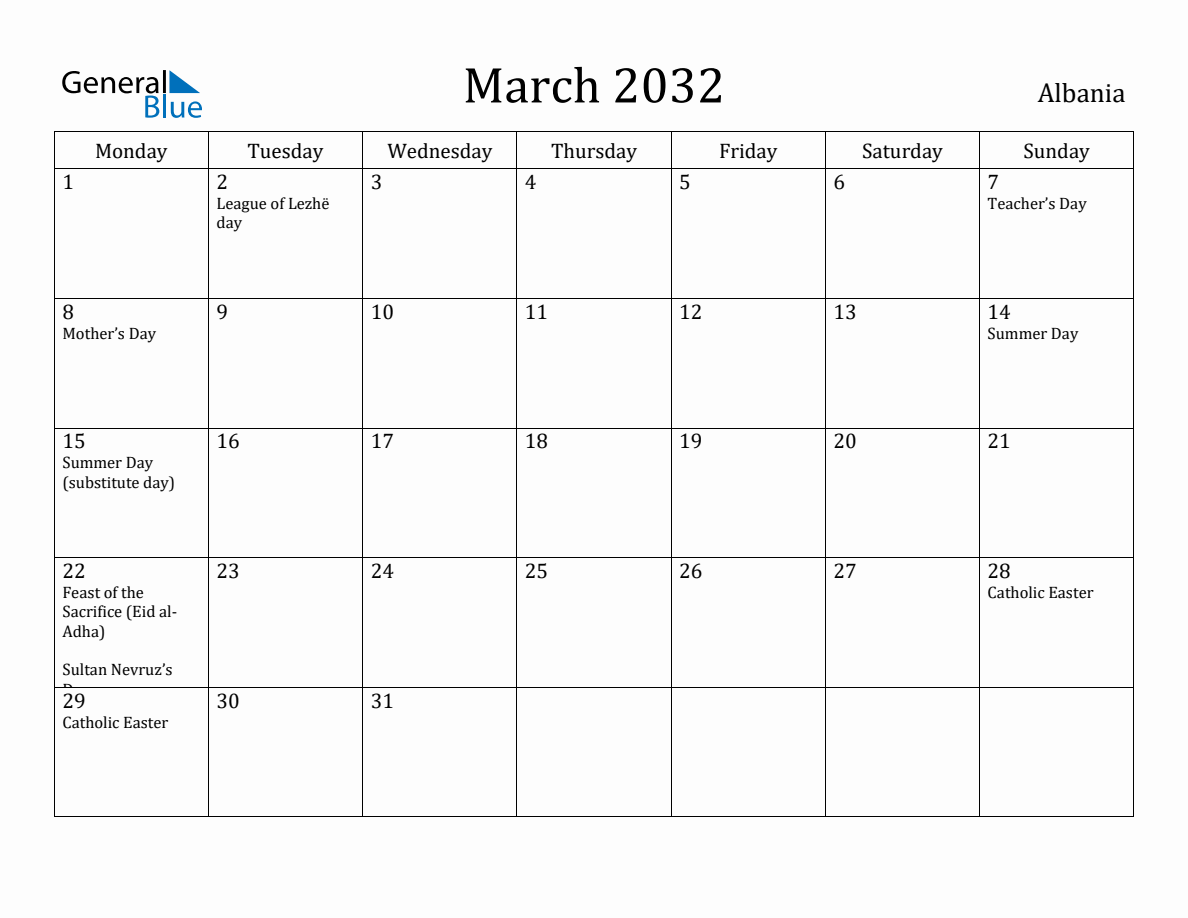 March 2032 - Albania Monthly Calendar with Holidays