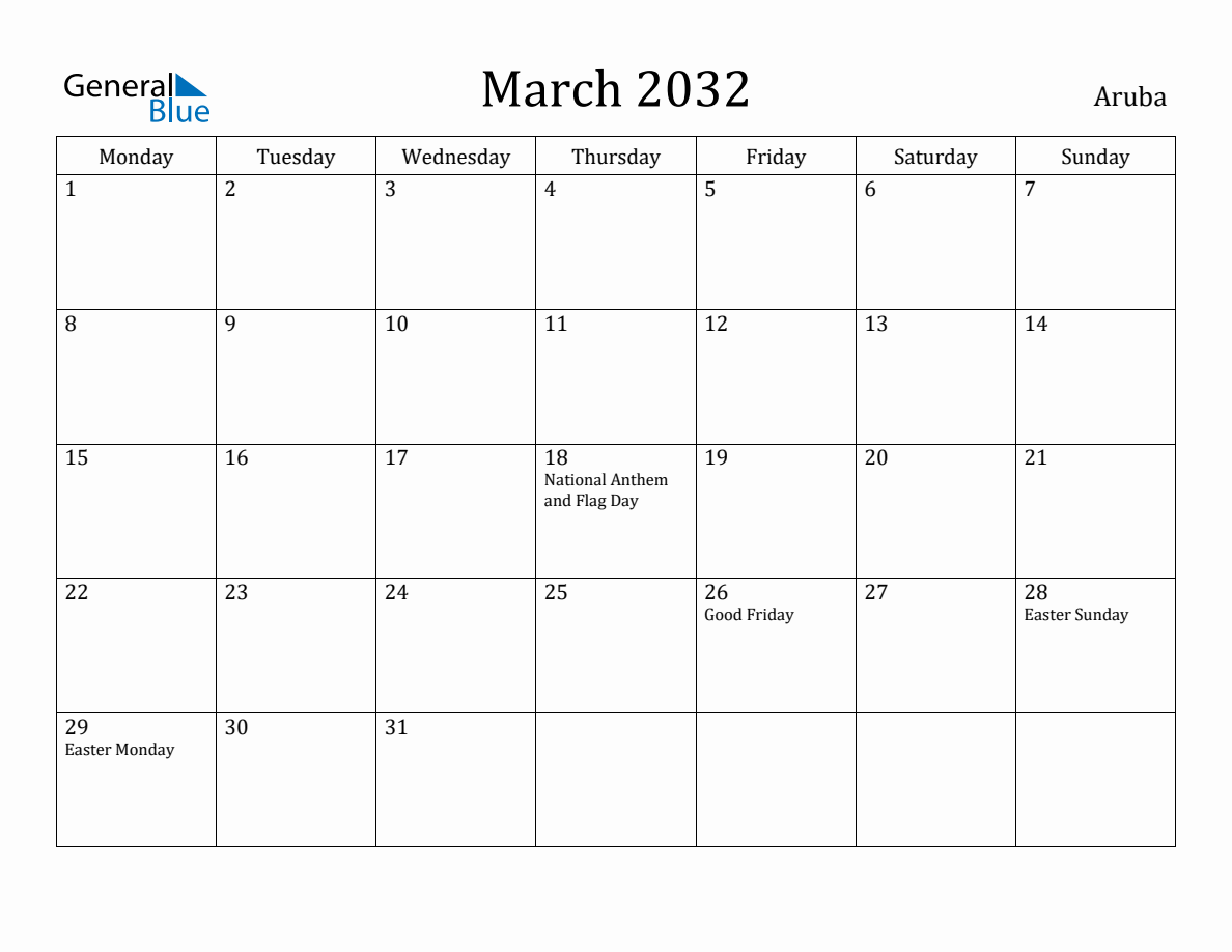 Aruba Monthly Calendar - March 2032 (Monday Start)