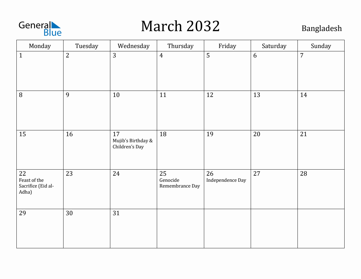 March 2032 - Bangladesh Monthly Calendar with Holidays