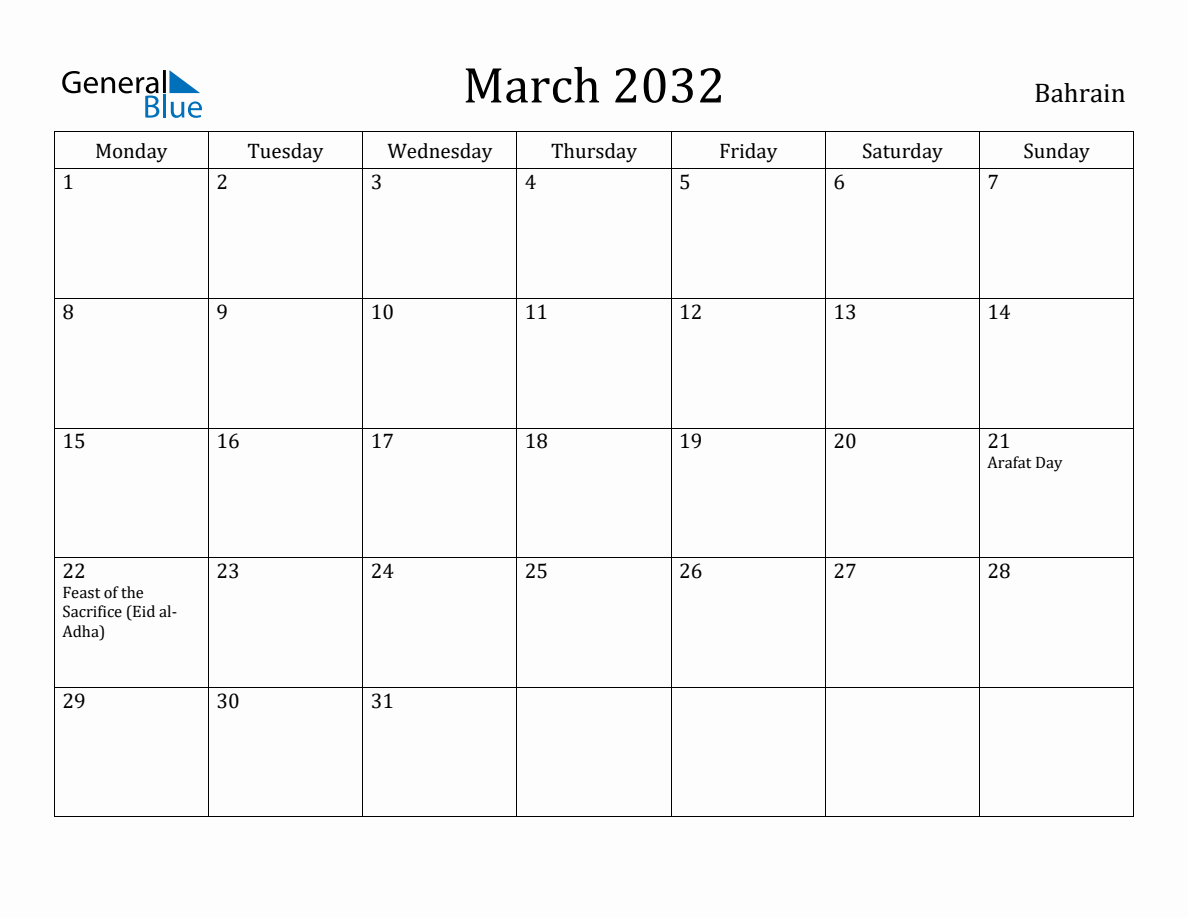March 2032 - Bahrain Monthly Calendar with Holidays