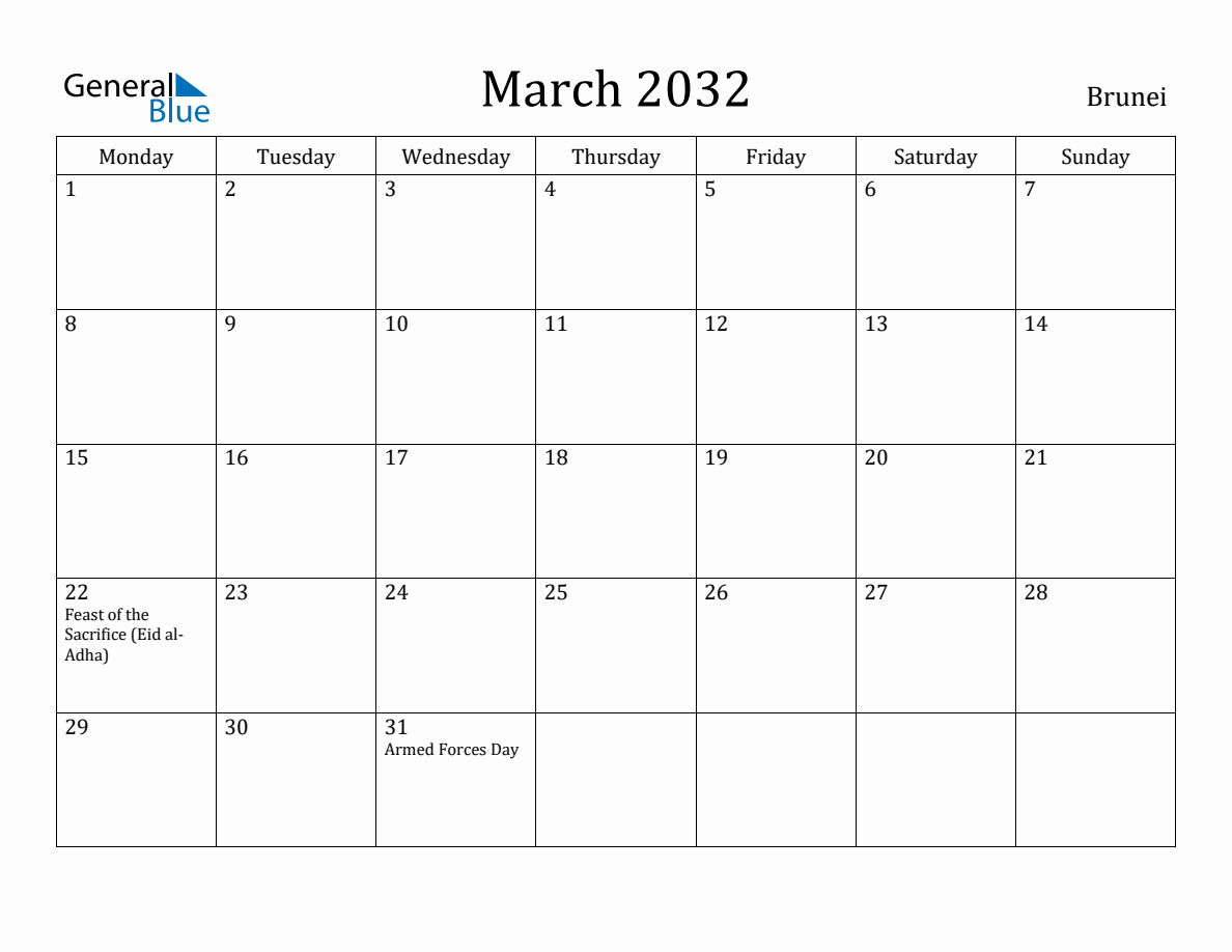 March 2032 - Brunei Monthly Calendar with Holidays