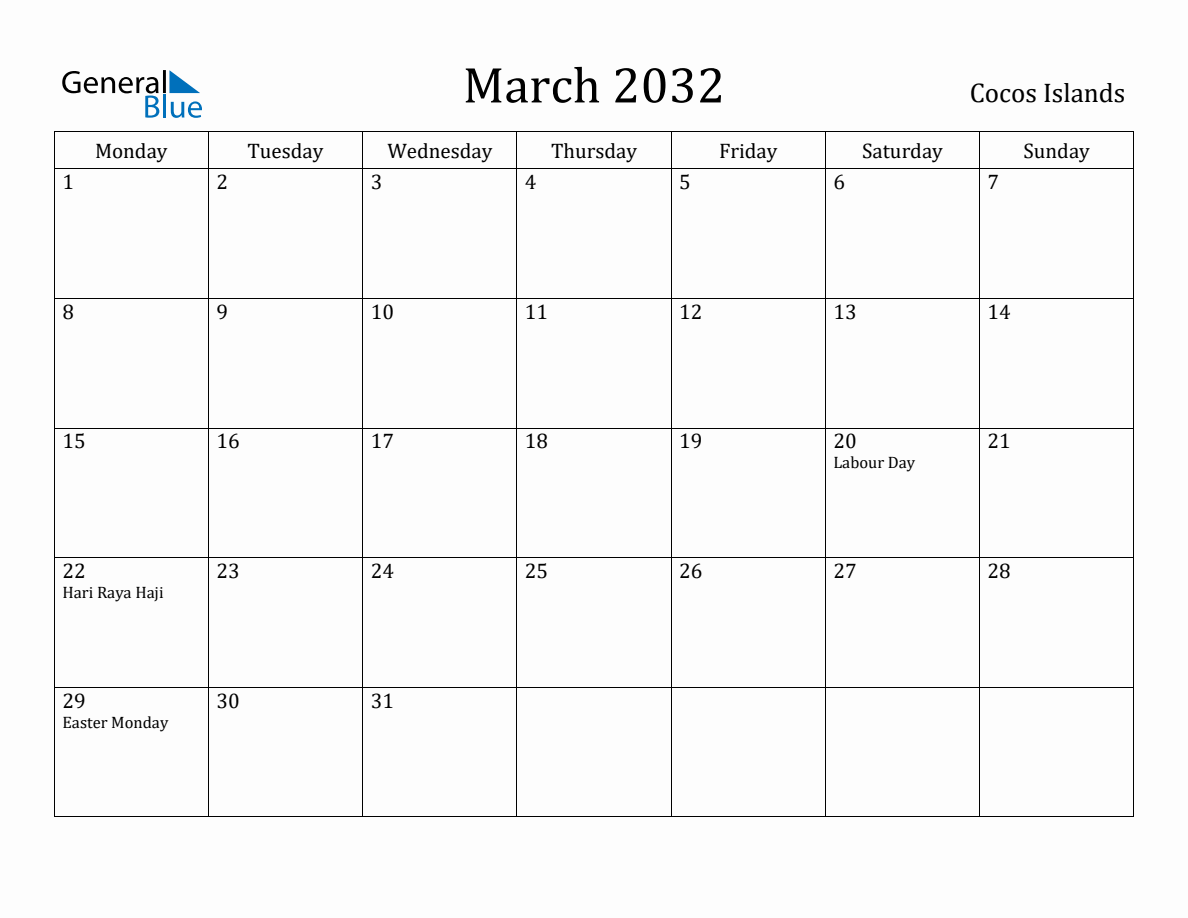 March 2032 - Cocos Islands Monthly Calendar with Holidays