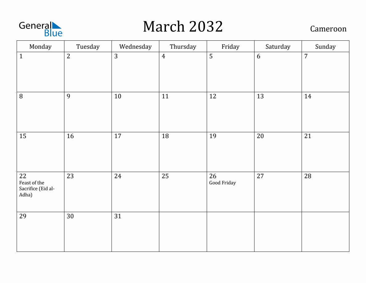March 2032 - Cameroon Monthly Calendar with Holidays