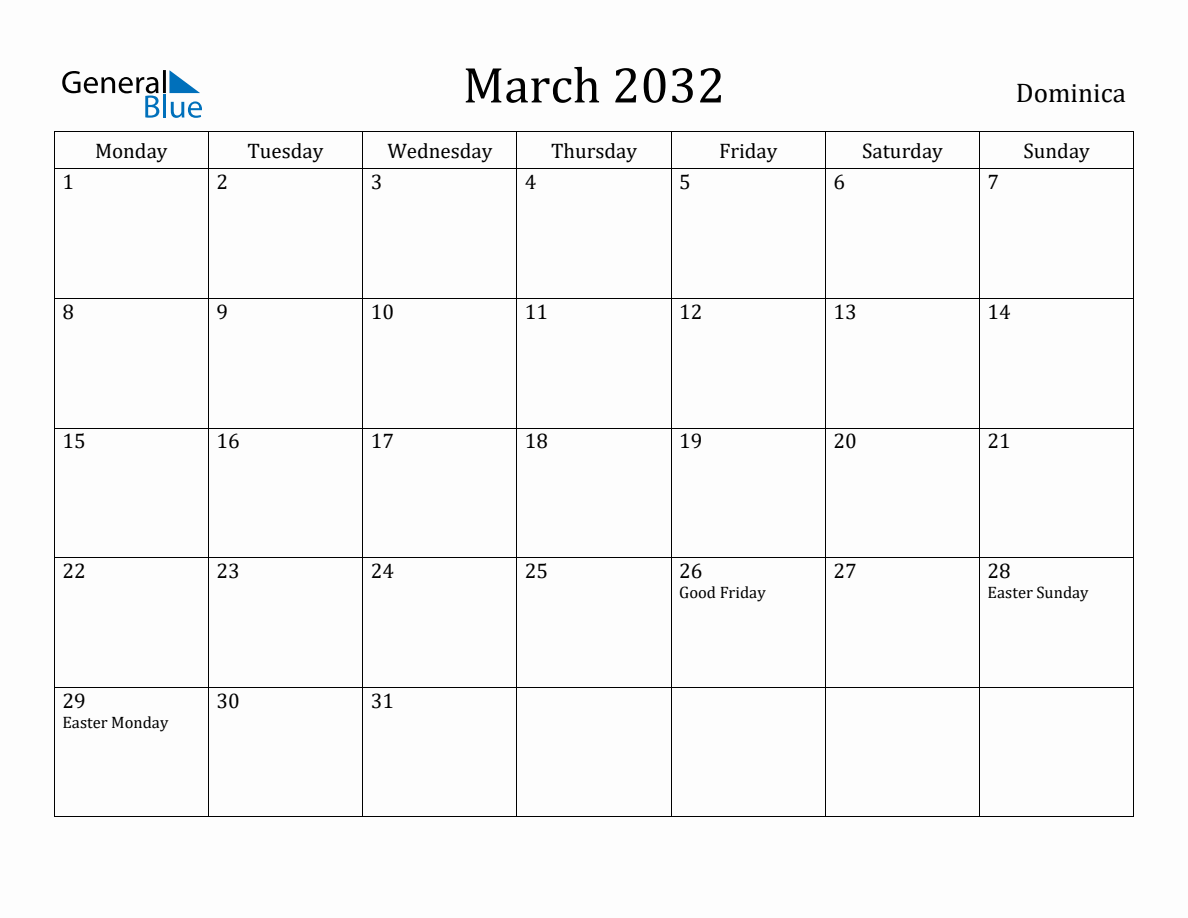 March 2032 - Dominica Monthly Calendar with Holidays