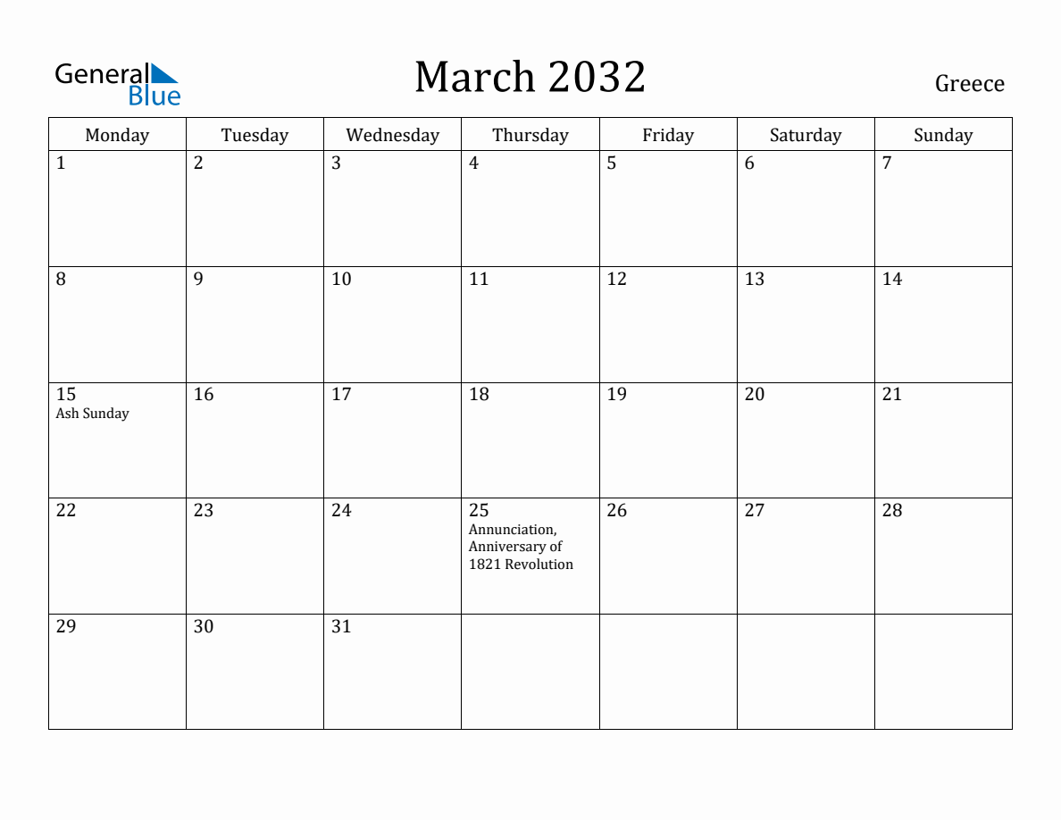 March 2032 - Greece Monthly Calendar with Holidays