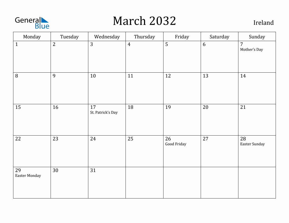 March 2032 - Ireland Monthly Calendar with Holidays