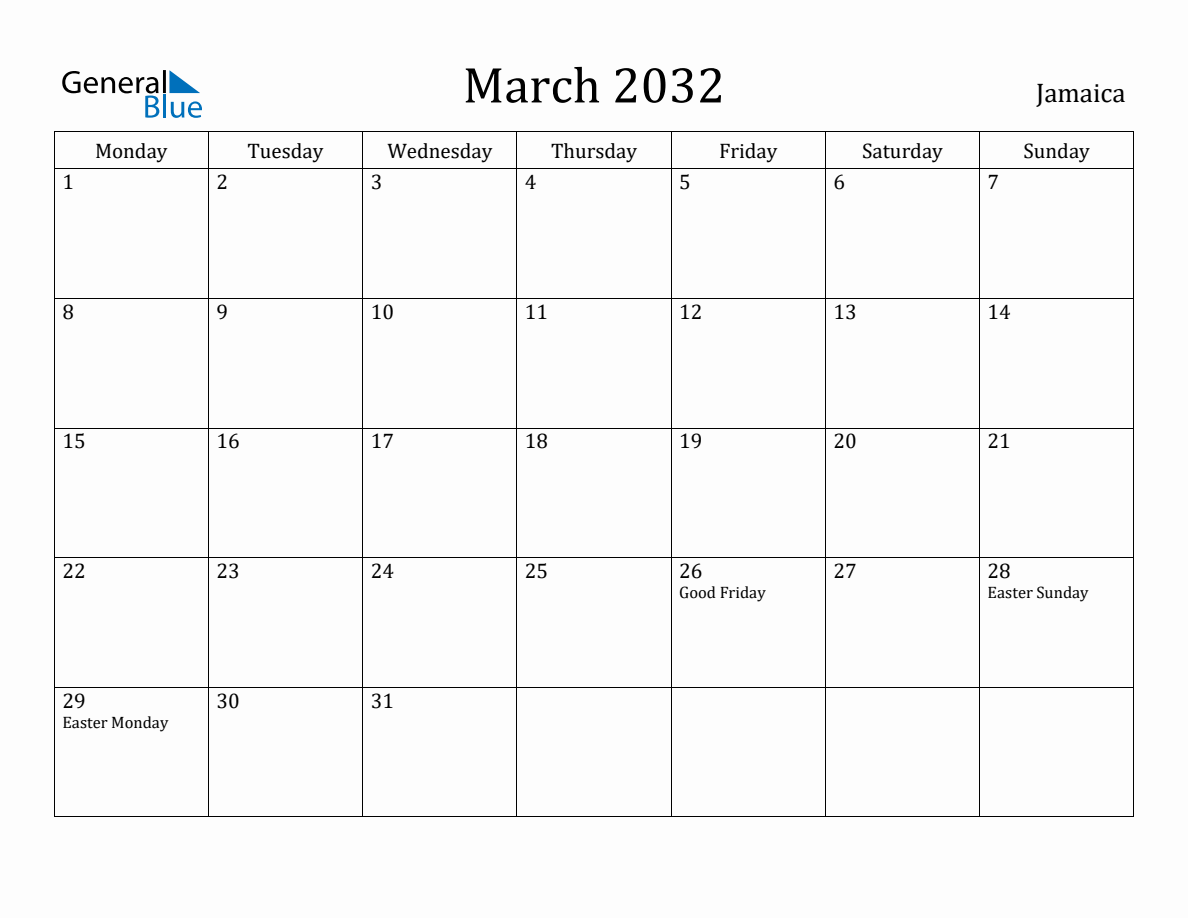 March 2032 - Jamaica Monthly Calendar with Holidays