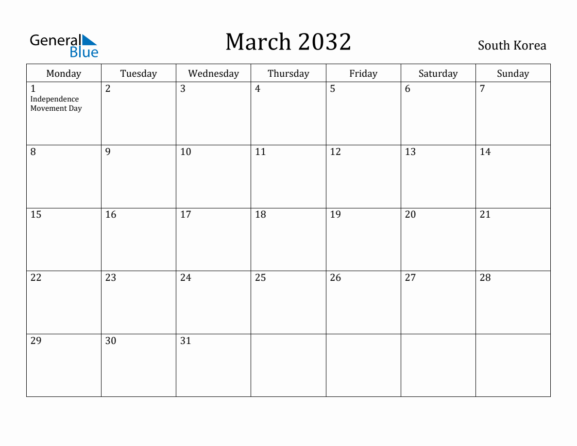 March 2032 - South Korea Monthly Calendar with Holidays