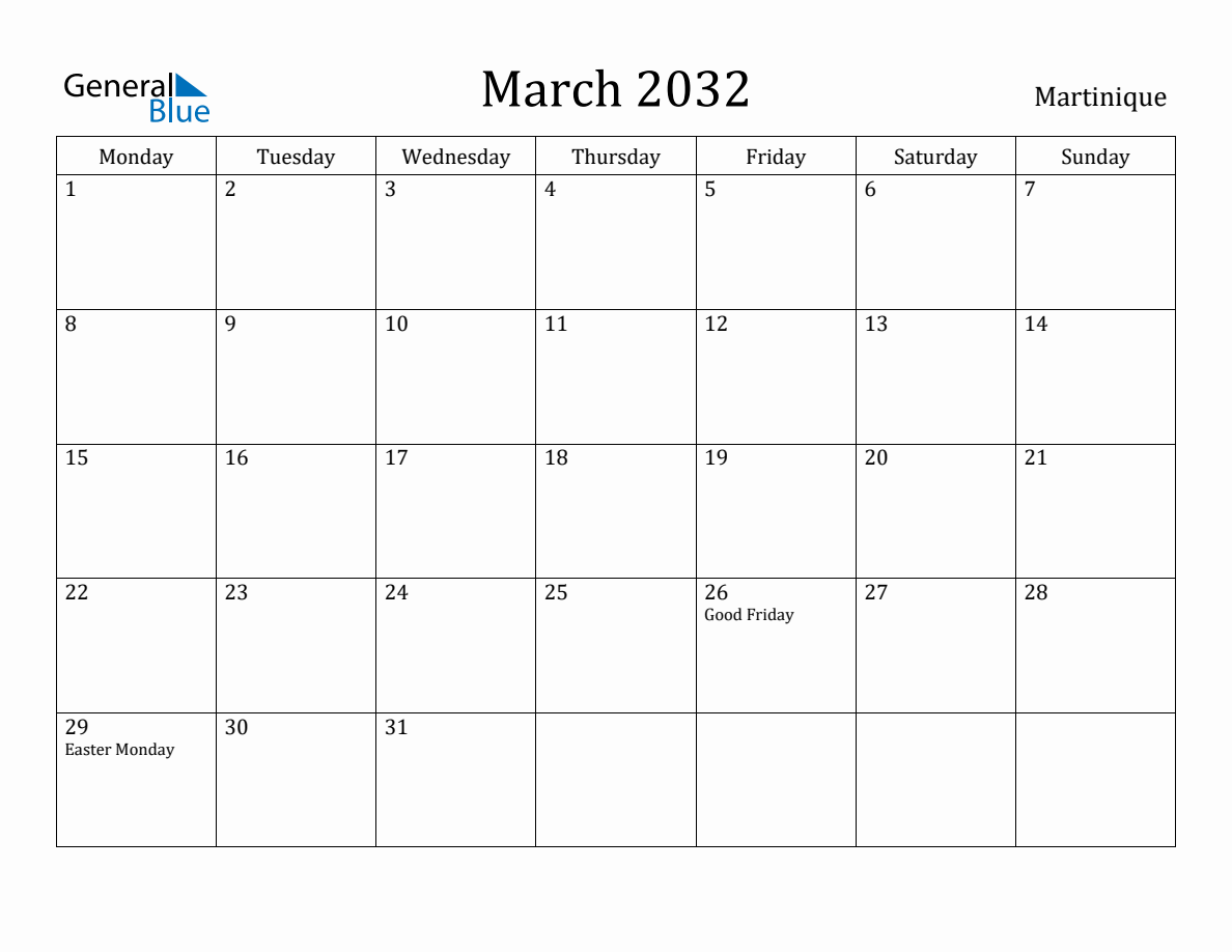March 2032 - Martinique Monthly Calendar with Holidays