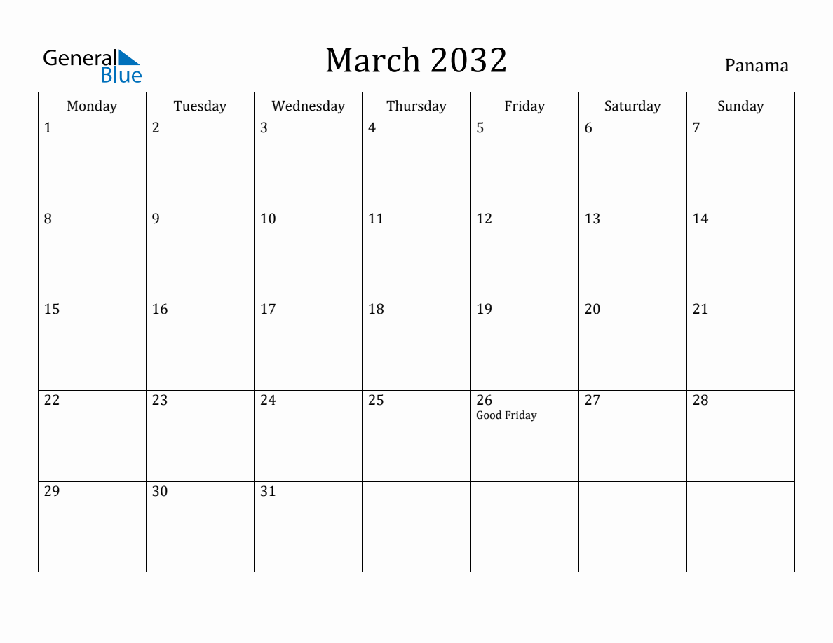 March 2032 - Panama Monthly Calendar with Holidays