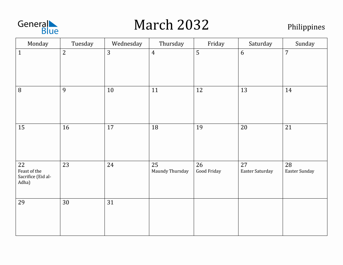 March 2032 Monthly Calendar with Philippines Holidays