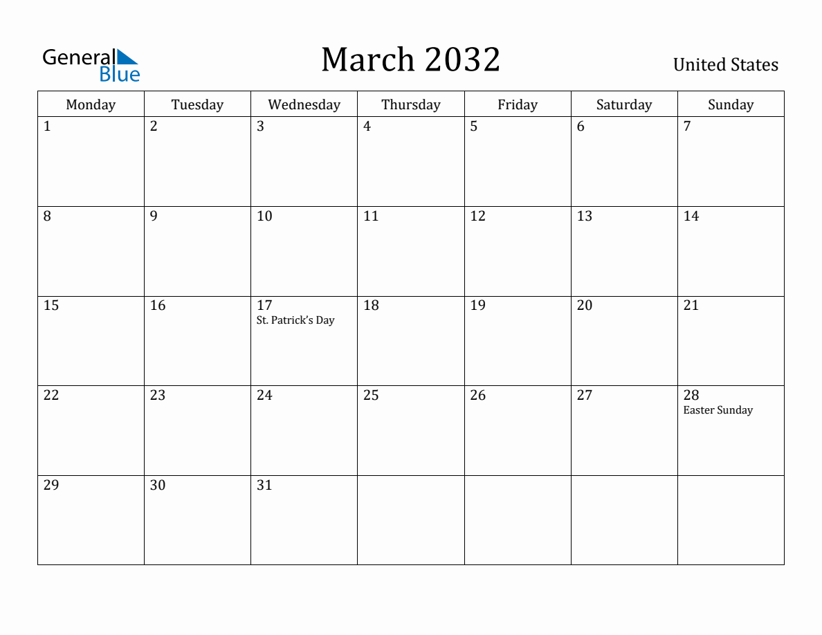United States Monthly Calendar - March 2032 (Monday Start)