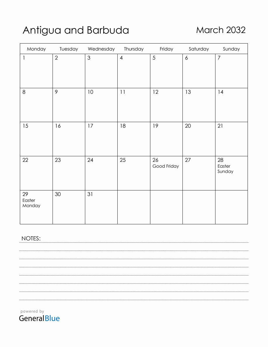 March 2032 Antigua and Barbuda Calendar with Holidays