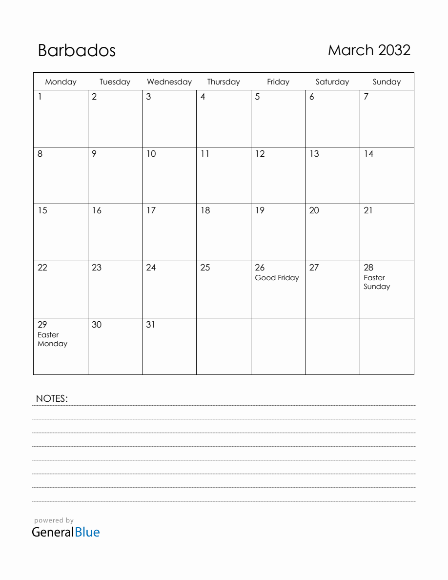 March 2032 Barbados Calendar with Holidays