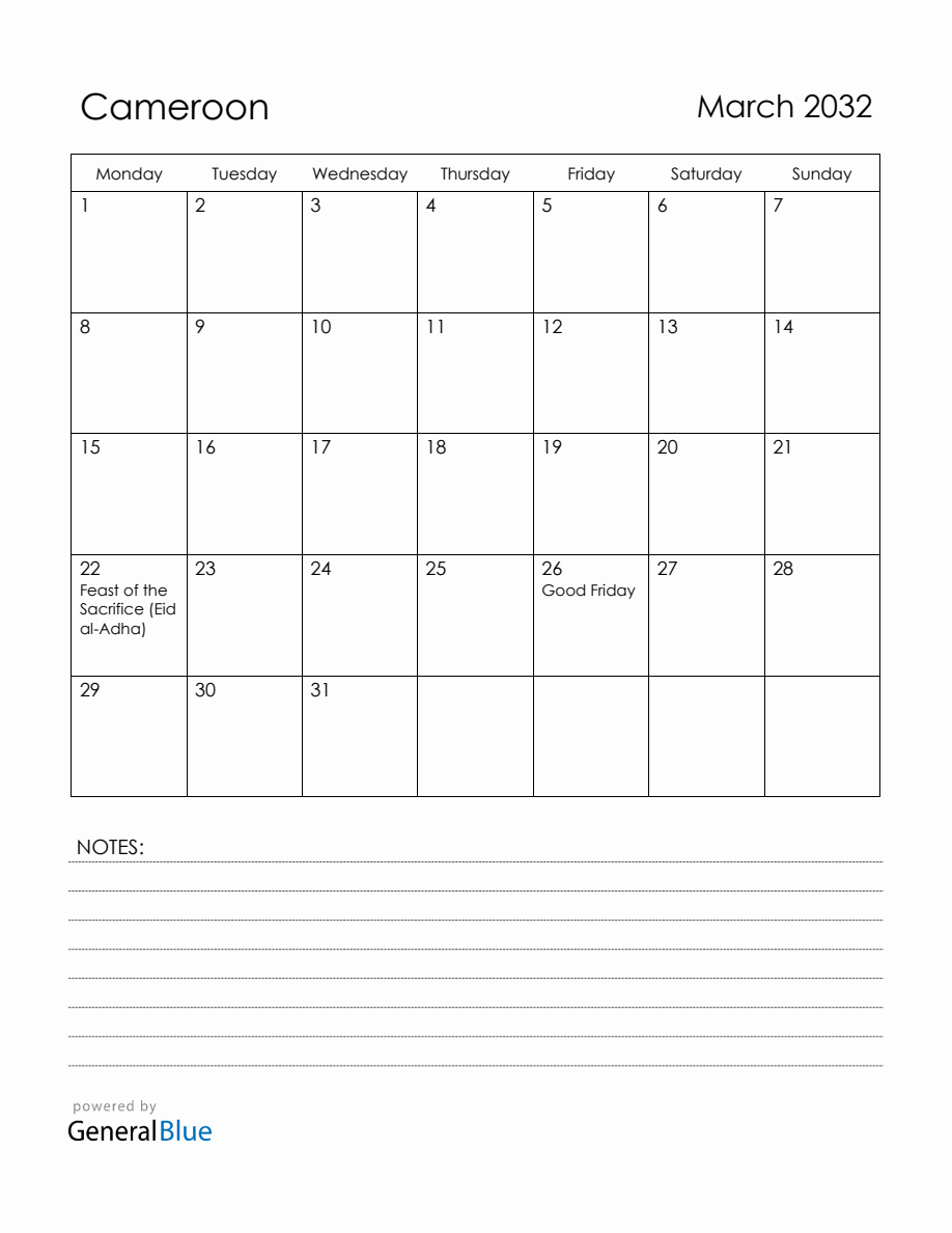 March 2032 Cameroon Calendar with Holidays