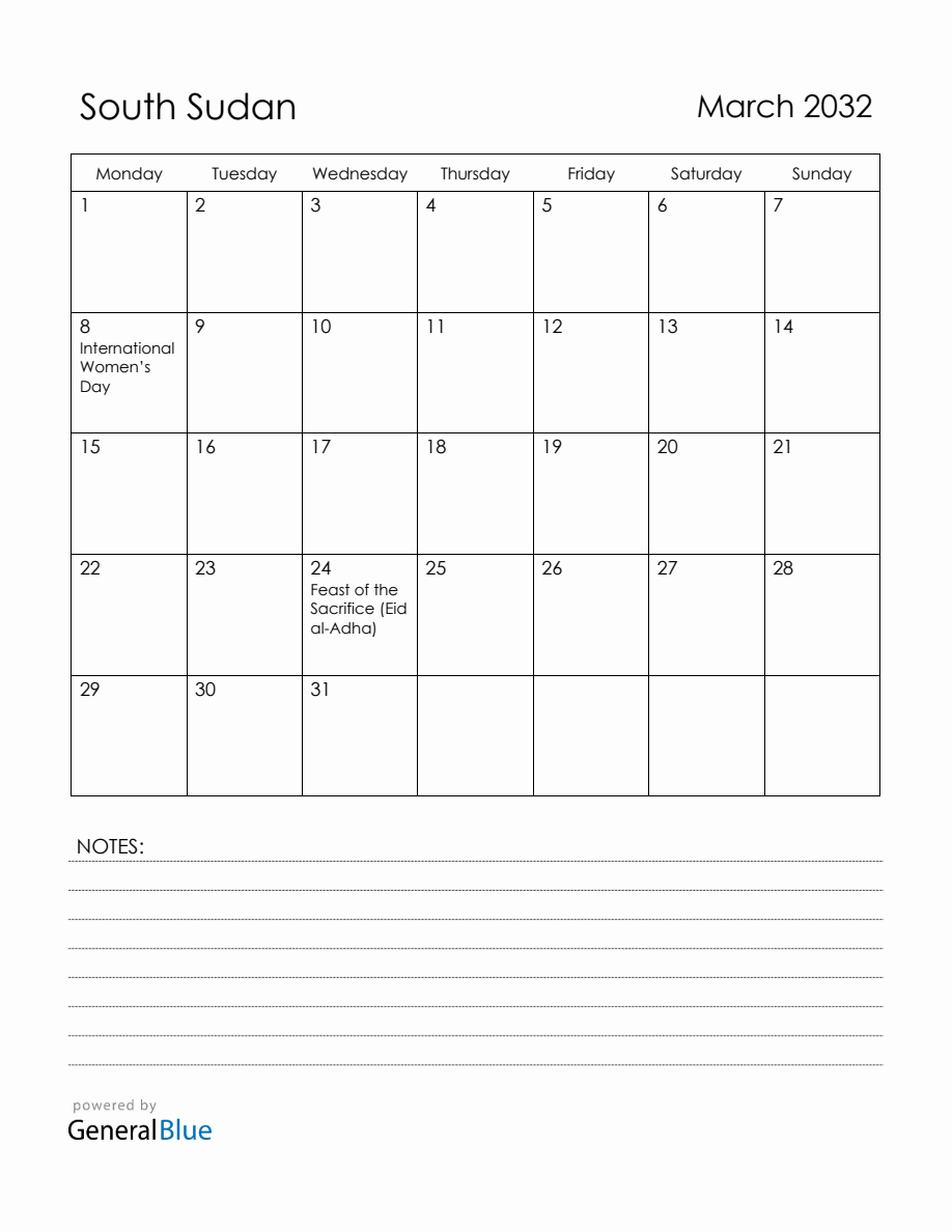March 2032 South Sudan Calendar with Holidays