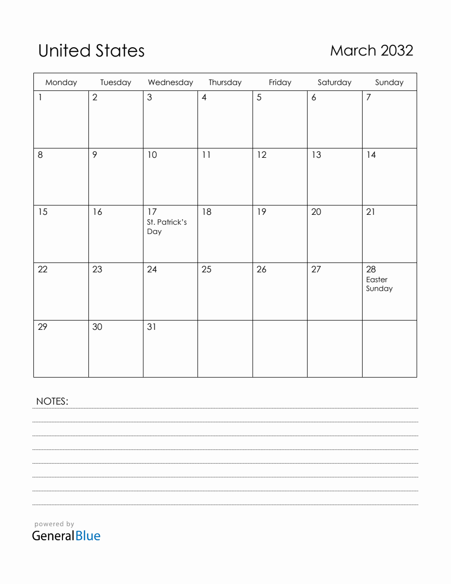 March 2032 United States Calendar with Holidays (Monday Start)
