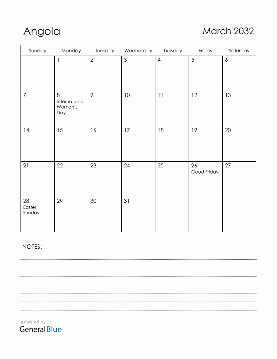 March 2032 Angola Calendar with Holidays
