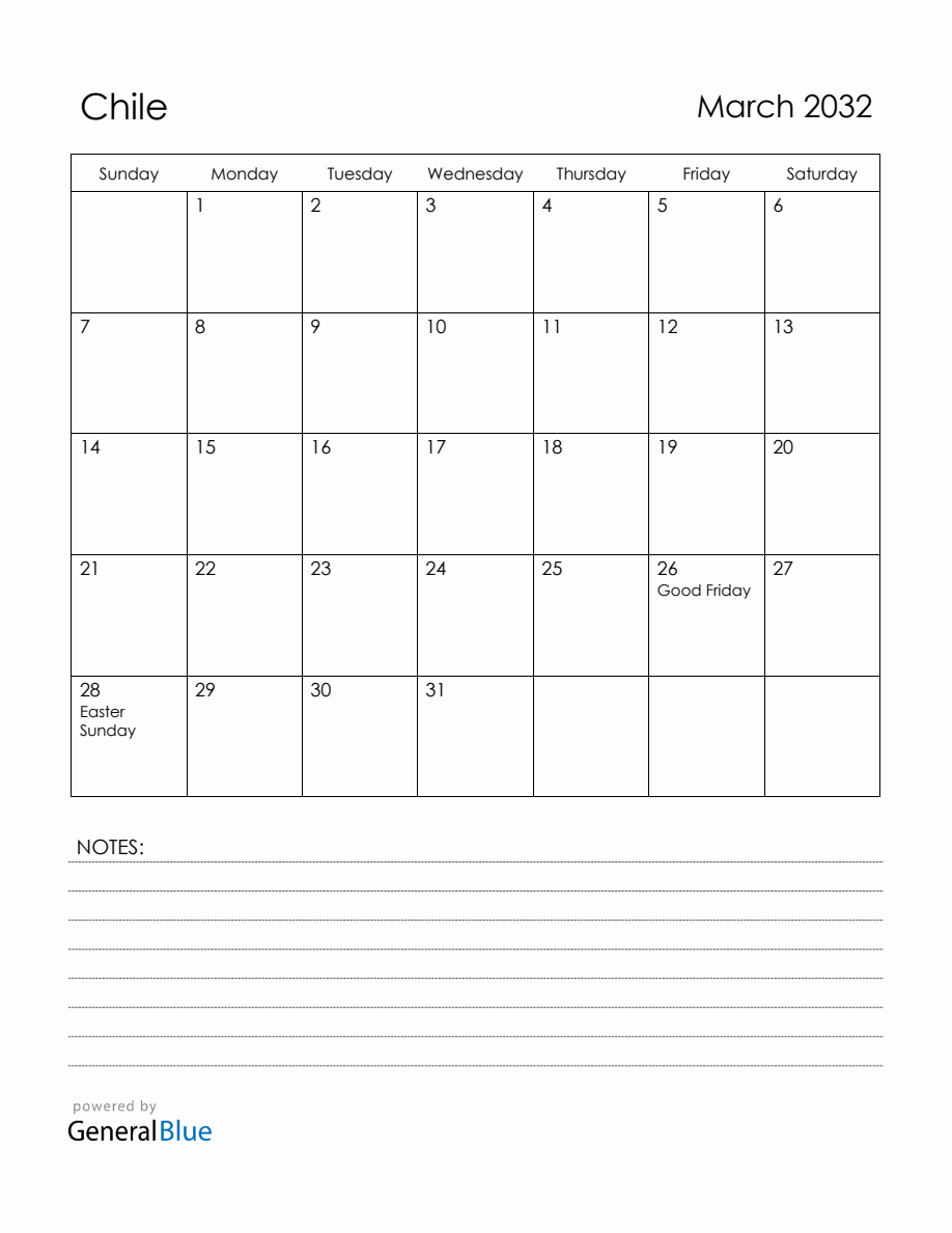 March 2032 Chile Calendar with Holidays