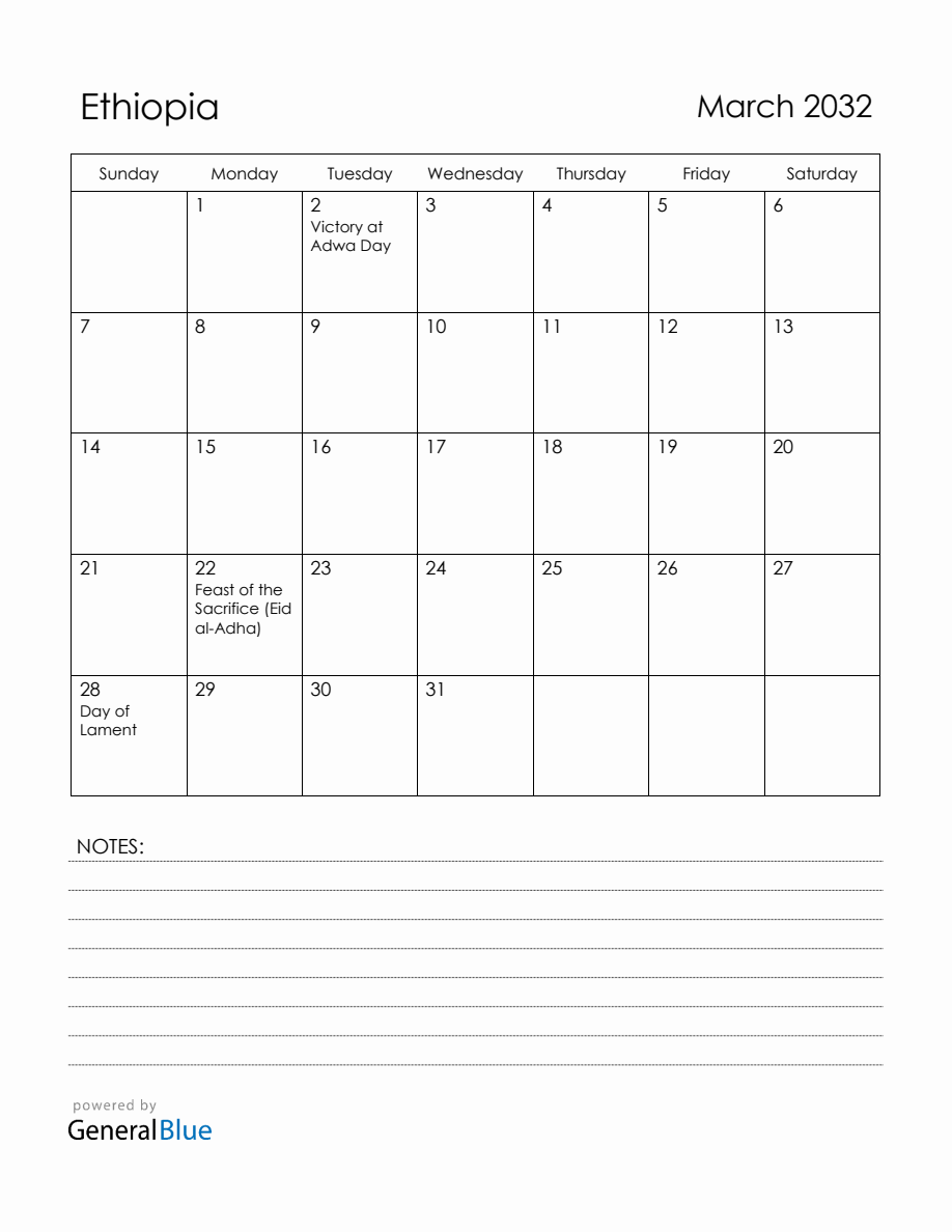 March 2032 Ethiopia Calendar with Holidays